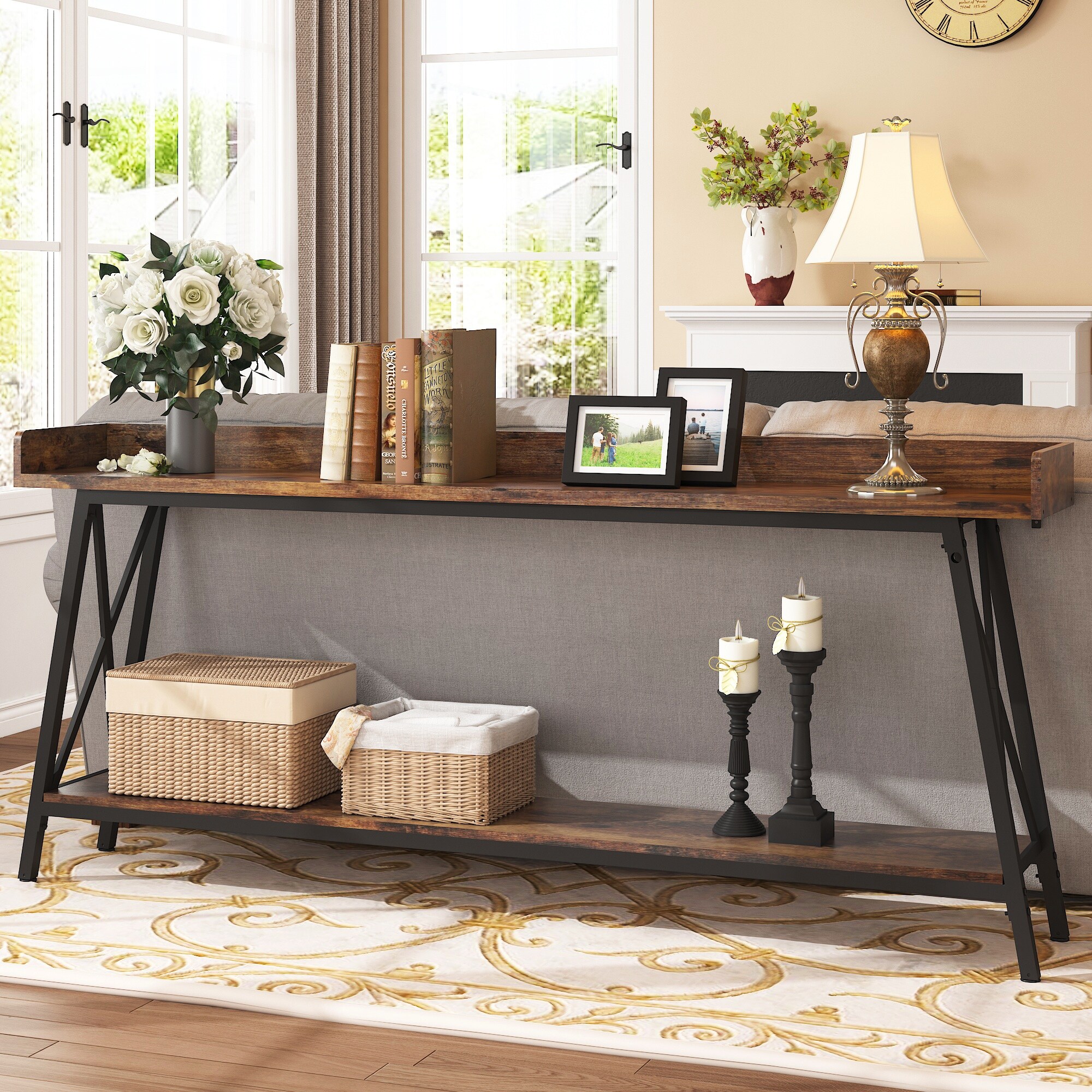Black Brown Extra Long Rustic Console Table with Shelf Bed Bath Beyond 40752637